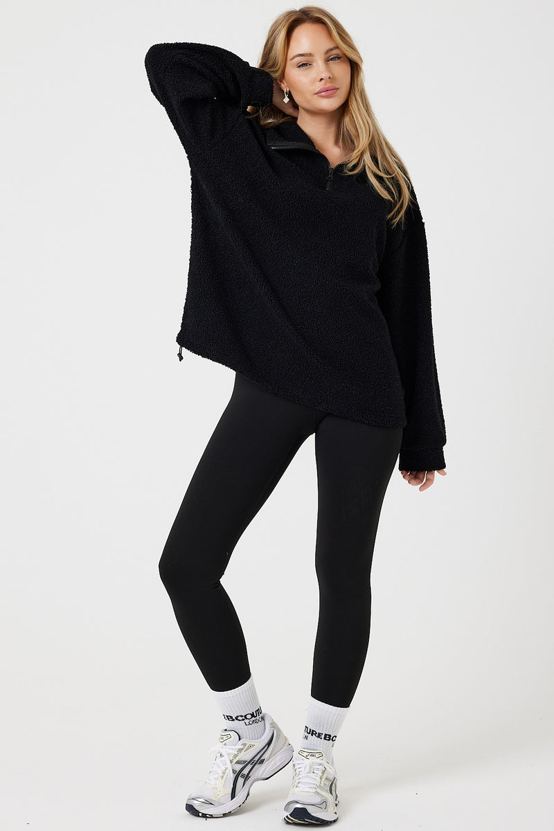 Womens Leggings & Jumper Set, Borg Fleece 1/4 Zip Funnel Neck, In Black ...