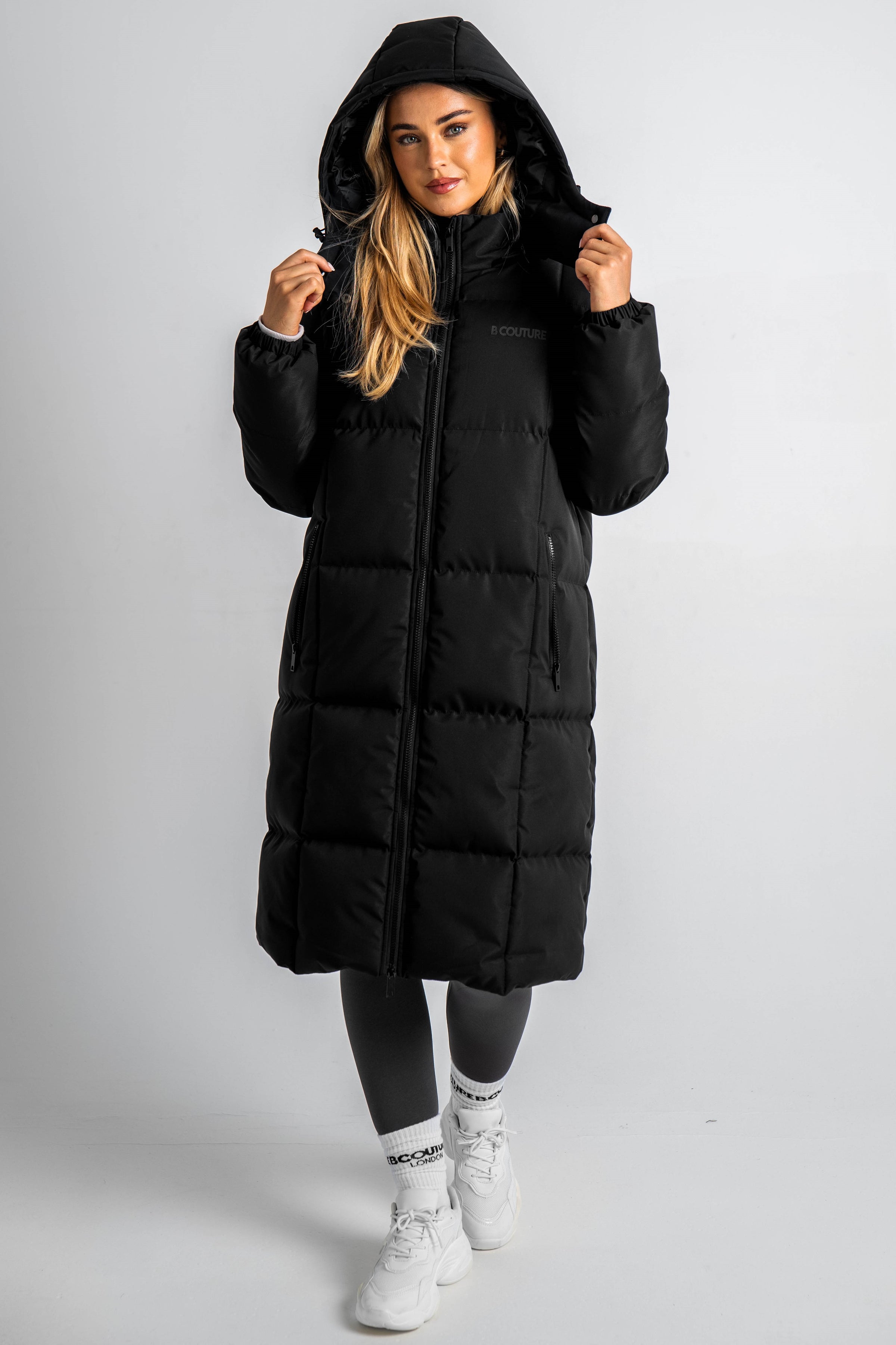 Womens Maxi Longline Puffer Coat, Hooded In Black – B Couture