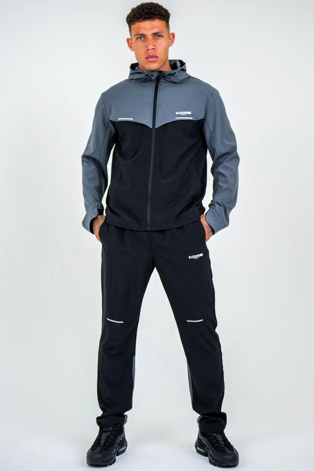 Mens Tech Tracksuit Set, Windbreaker Jacket & Joggers, In Black – B Couture