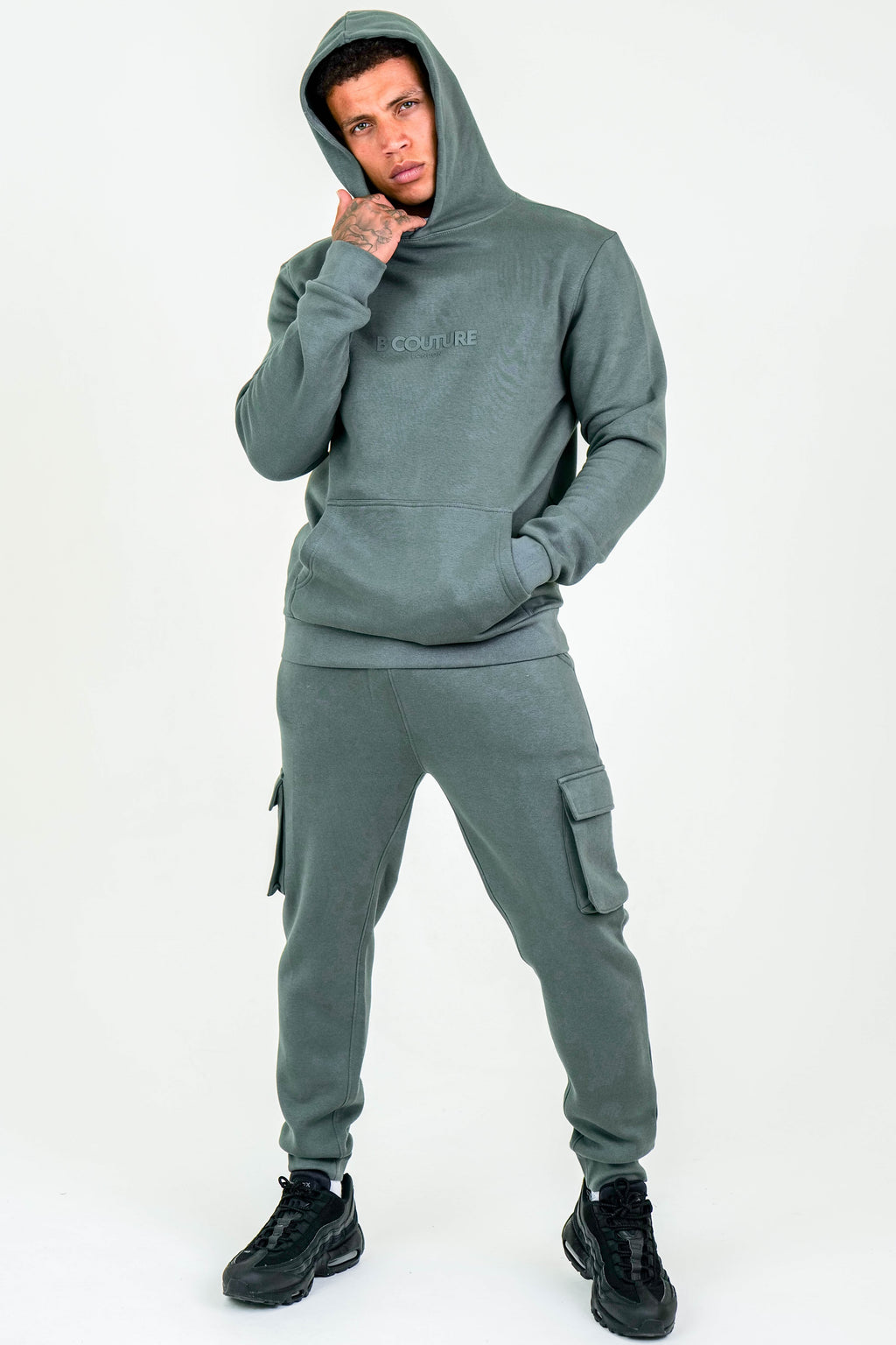 Mens Full Tracksuit Set, Fleece Hoodie & Cargo Joggers, In Gun Metal ...
